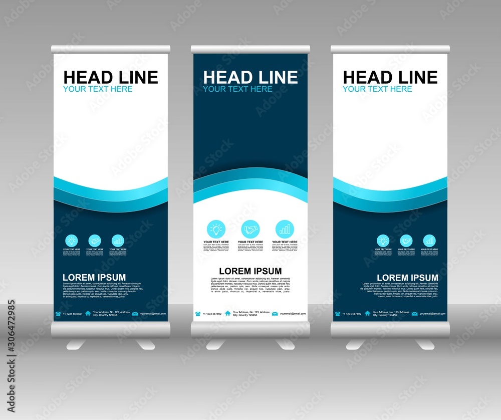 Blue Roll up banner stand. Vertical Vector template design. Modern Flag ...