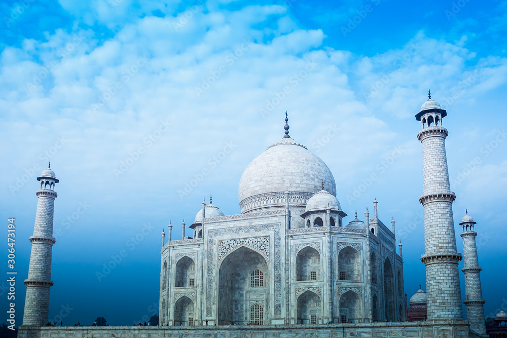 The Taj Mahal of India seen from a side angle up close. Stock Photo ...