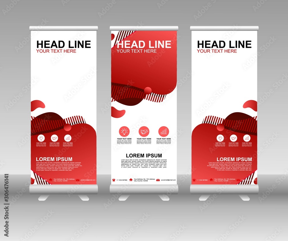 Red Roll up banner stand. Vertical Vector template design. Modern Flag ...