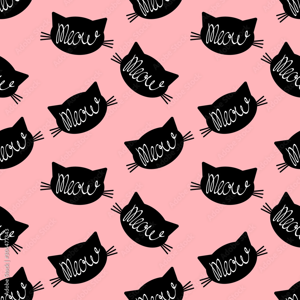 Seamless pattern with black cat face silhouette with meow lettering ...