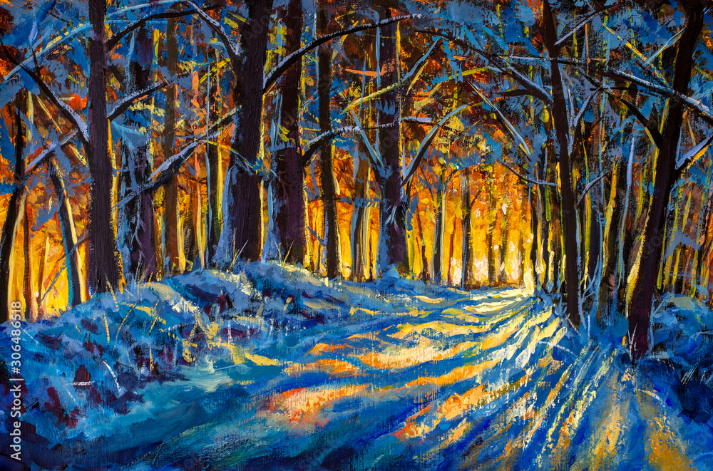 Winter forest. Warm sunny winter landscape impressionism modern oil ...