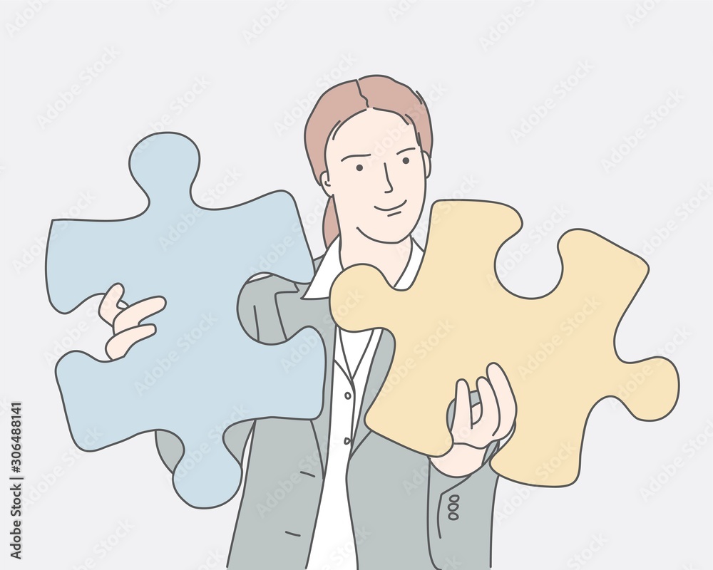 Woman with puzzles. Line drawing vector illustration. Hand drawn vector ...