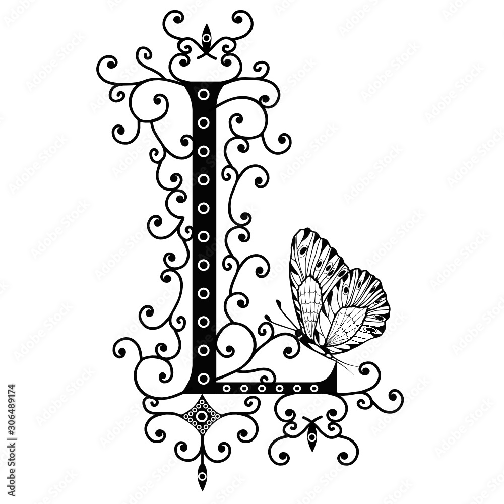 Black hand written monogram capital letter L decorated with butterflies ...