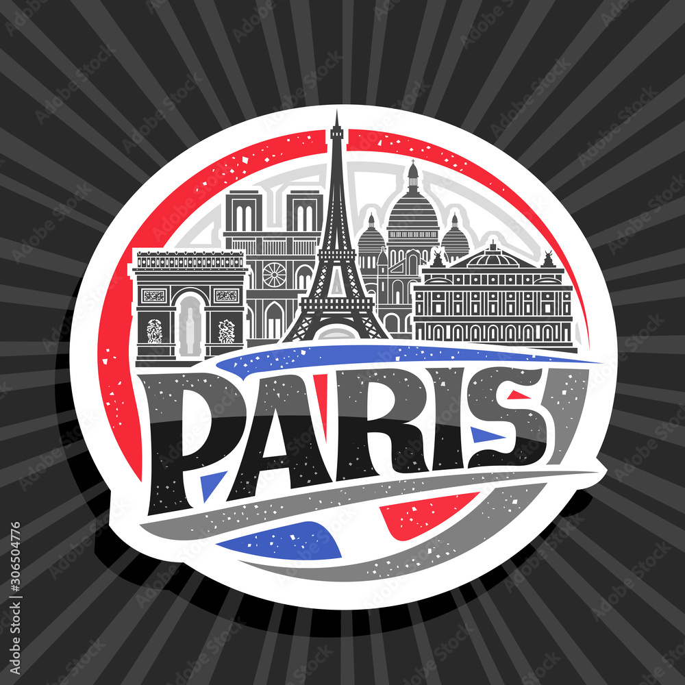 Vector logo for Paris, round cut paper sticker with black and white ...