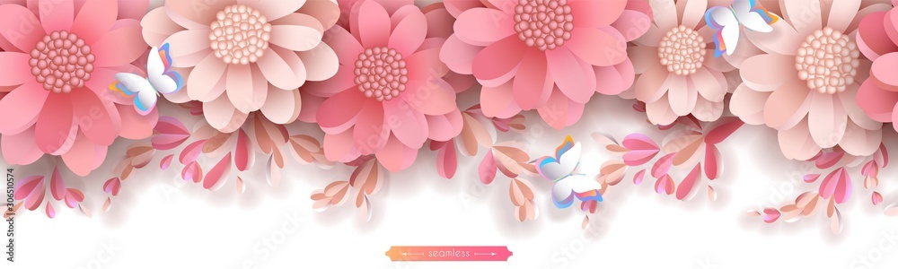 Flower border in the style of paper cut. Pink pastel peonies with ...