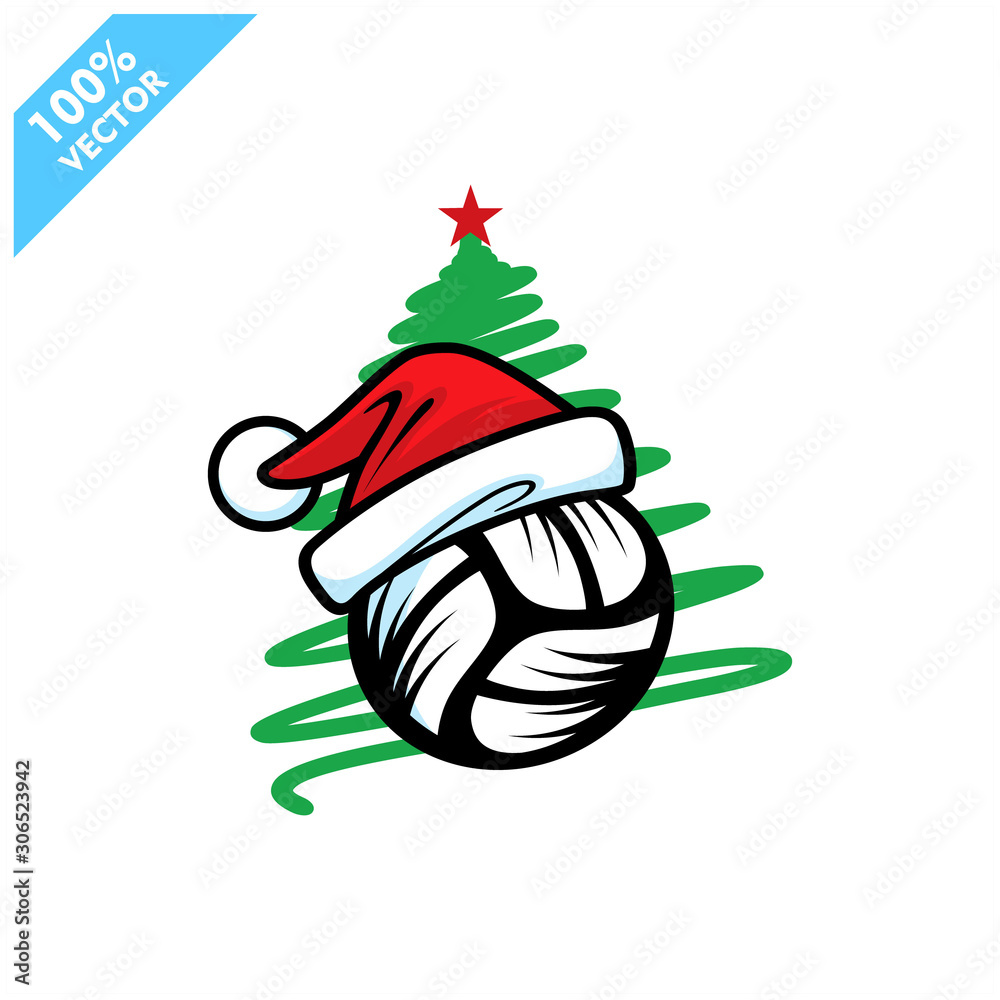 Volleyball santa hat with christmas tree background logo vector Stock ...