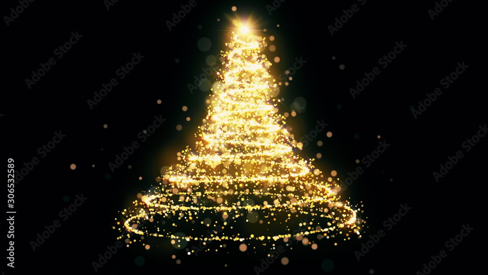 Golden glitter Christmas tree with sparkling light. Shining gold particles and sparkles spiral ...