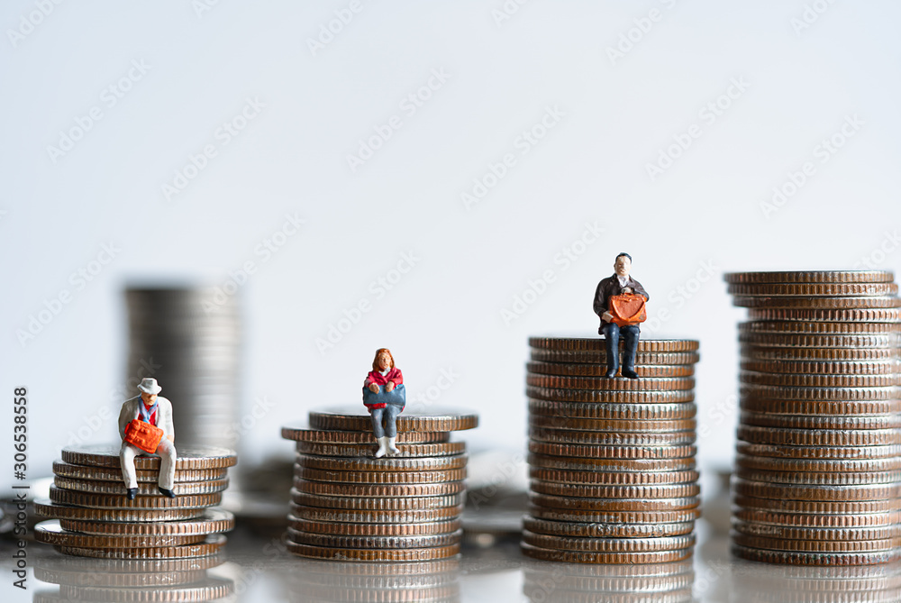 Miniature people: Elderly people sitting on coins stack. Retirement ...