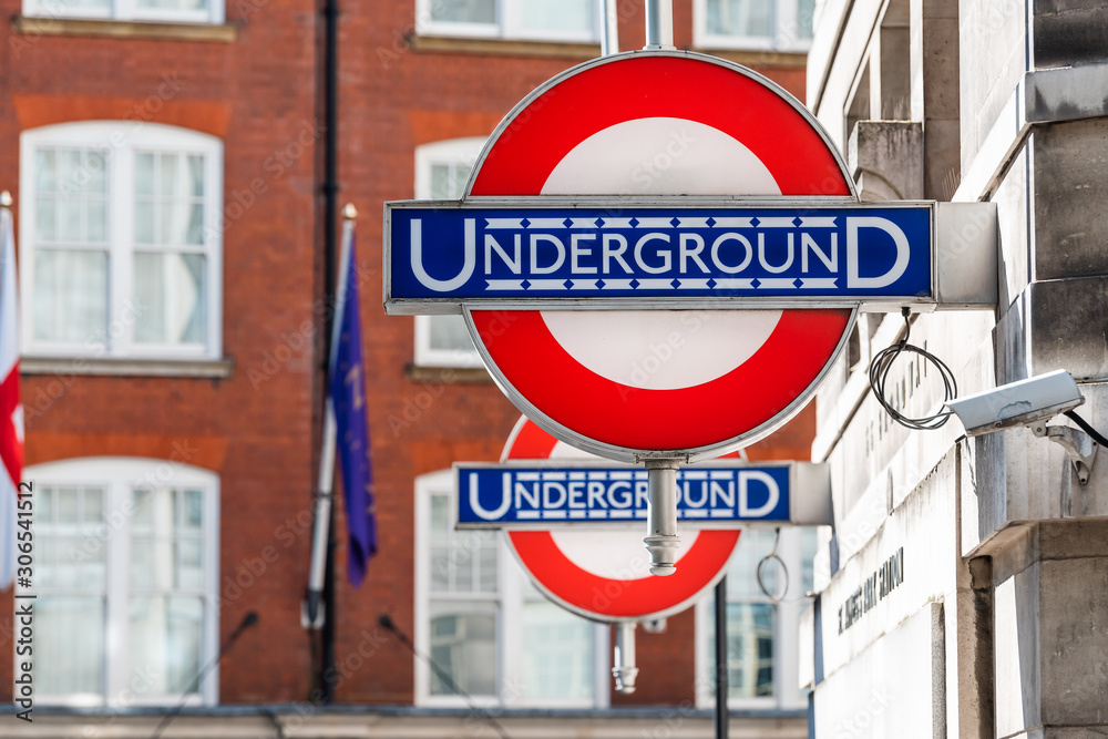 London, UK - June 22, 2018: Closeup of Underground tube metro blue and ...