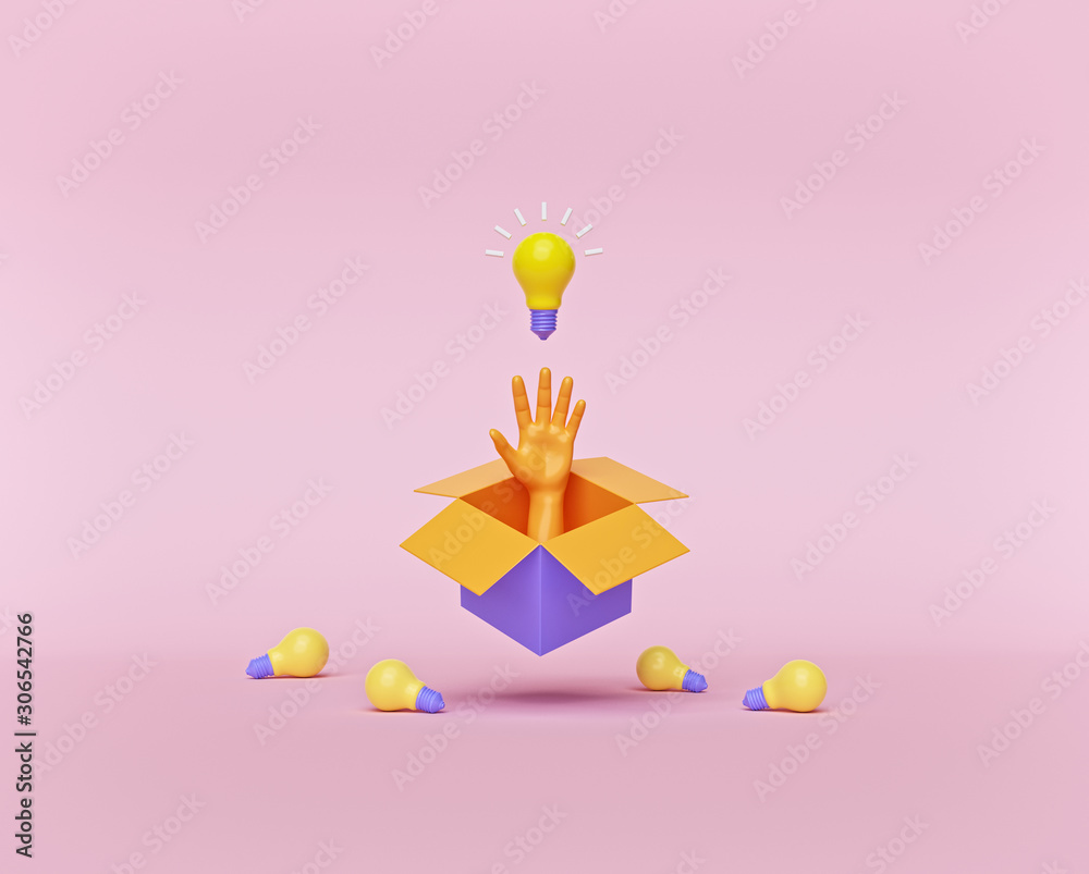 Think outside the box business concept. box, hand and bulbs isolated on ...
