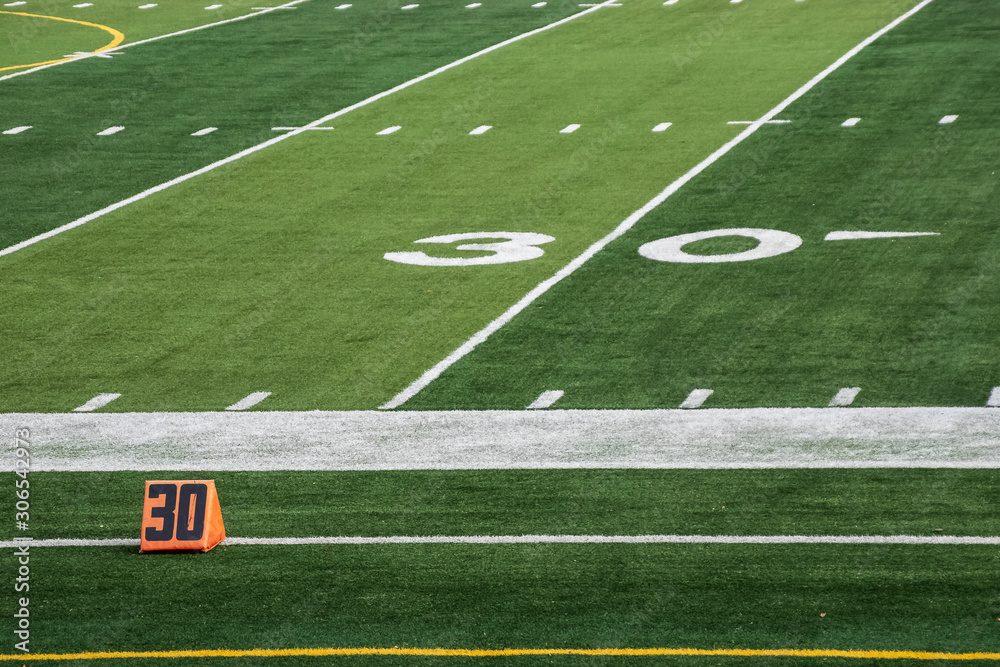 View of 30 yard line markings on American football field Stock Photo ...