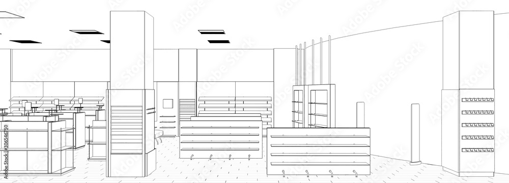 shopping mall, contour visualization, 3D illustration, sketch, outline ...