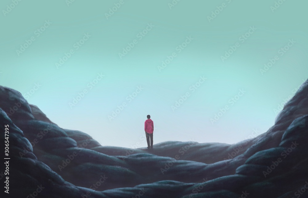 Man alone on rock, lonely, depression, sad, surreal painting ...
