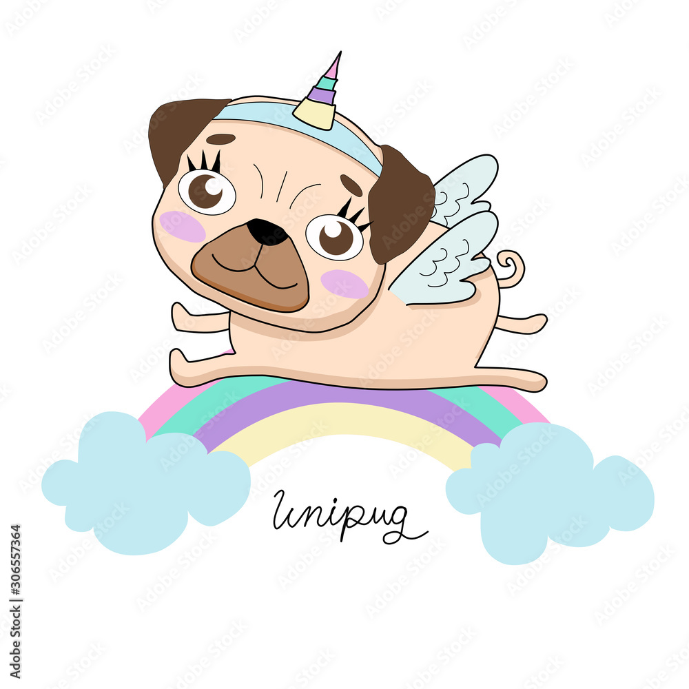 Unicorn pug laying on the rainbow. Unipug drawing vector illustration ...