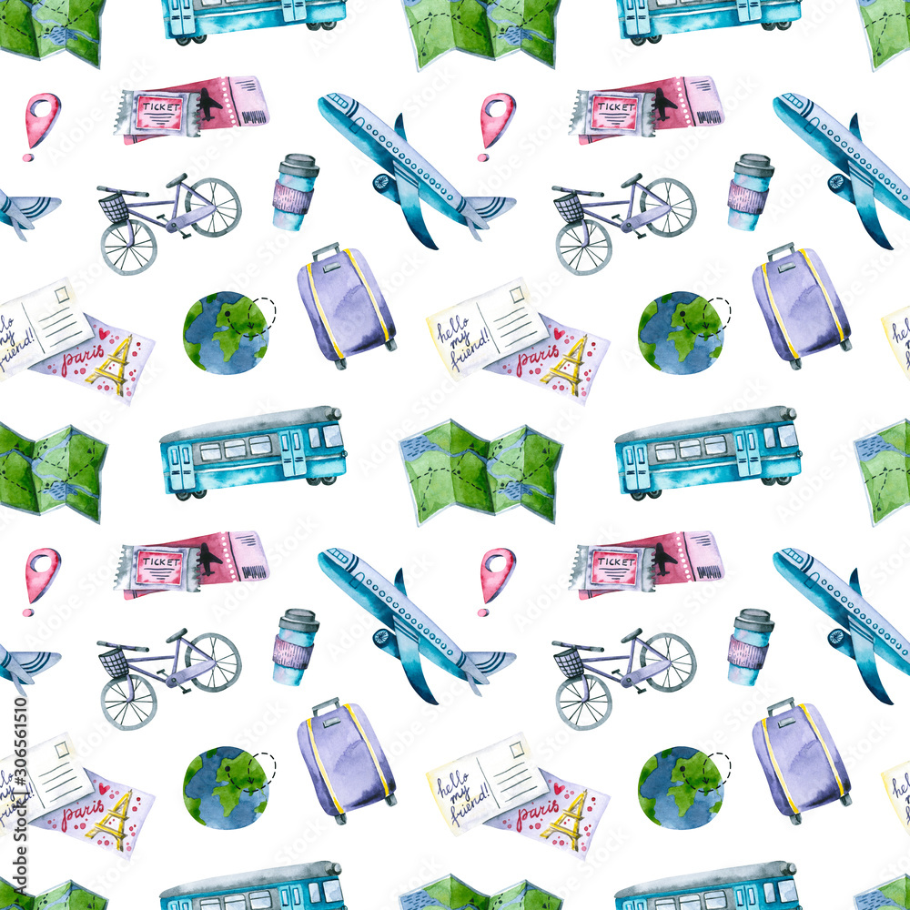 Seamless pattern with watercolor travel elements. Hand painted trendy ...