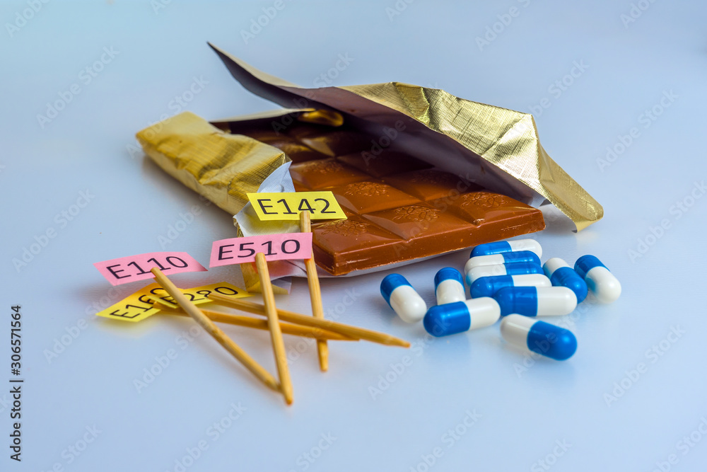 Chocolate. Healthy eating concept. Pills and supplement labels E. Food ...