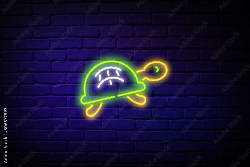 Green Turtle neon light icon. Slow moving reptile with scaly shell ...