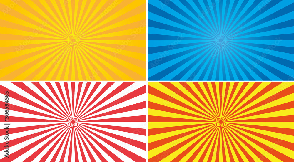 Sun rays vector set. Yellow, red, red and blue abstract background ...