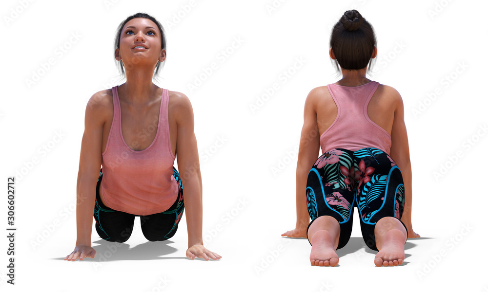 Front and Back Poses of a Woman in Yoga Upward Facing Dog Stock ...