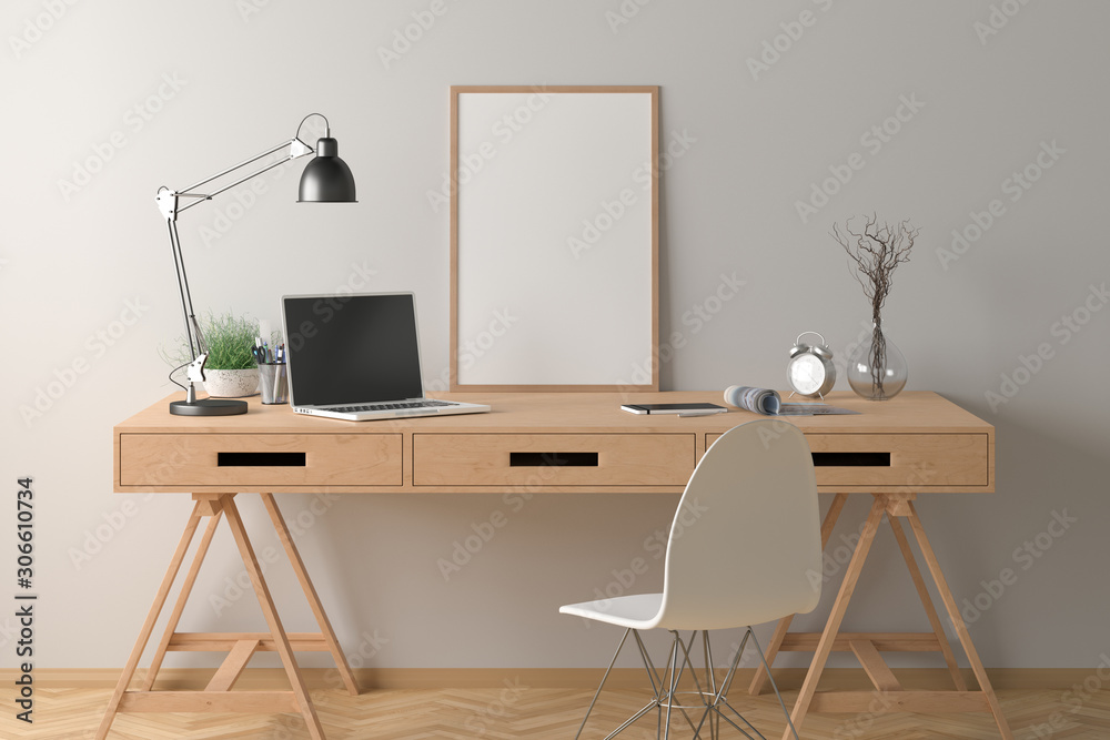 Workspace with vertical poster mock up on the desk. Desk with drawers ...