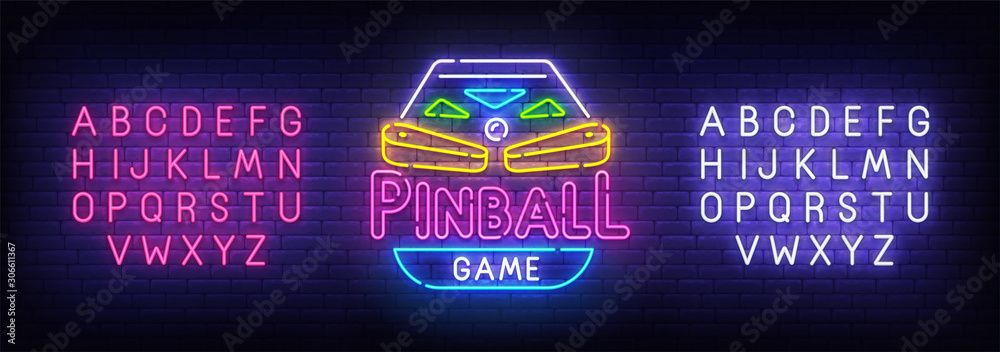 Pinball neon sign, bright signboard, light banner. Pinball logo, emblem ...