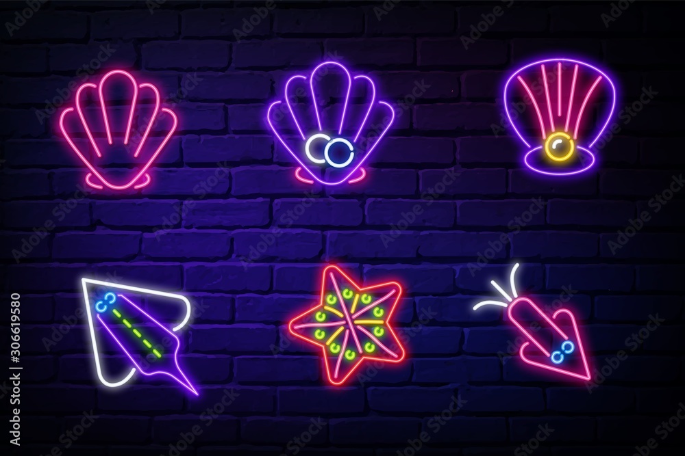Neon sign squid, oyster neon. rainbow mussel icon. Seashell Neon Label ...