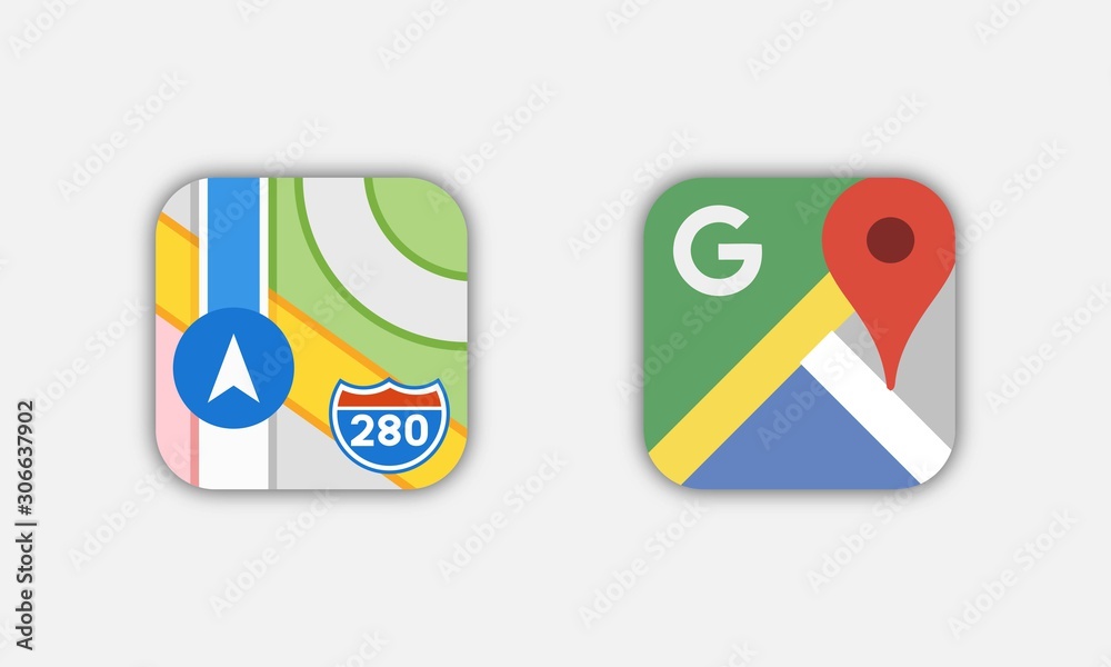 Collection of popular navigation application icons: Google Maps and ...