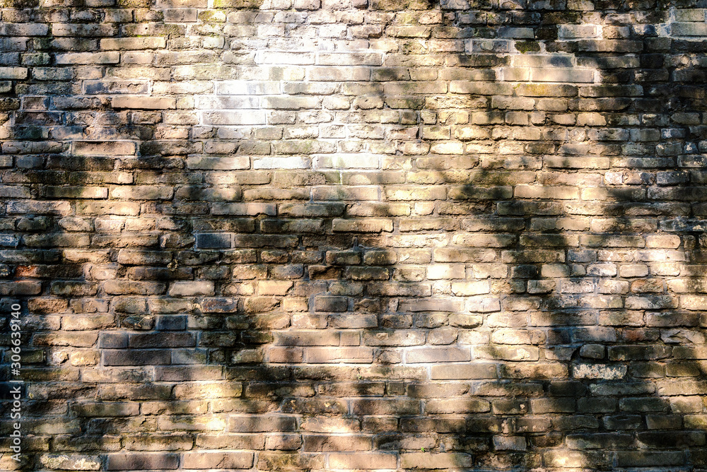 Black brick wall textured background with dappled tree shadows at dusk ...