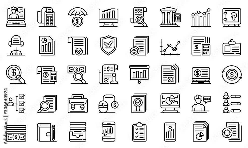 Audit icons set. Outline set of audit vector icons for web design ...