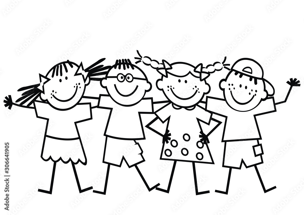 Four happy kids, girls and boys, funny black vector illustration ...