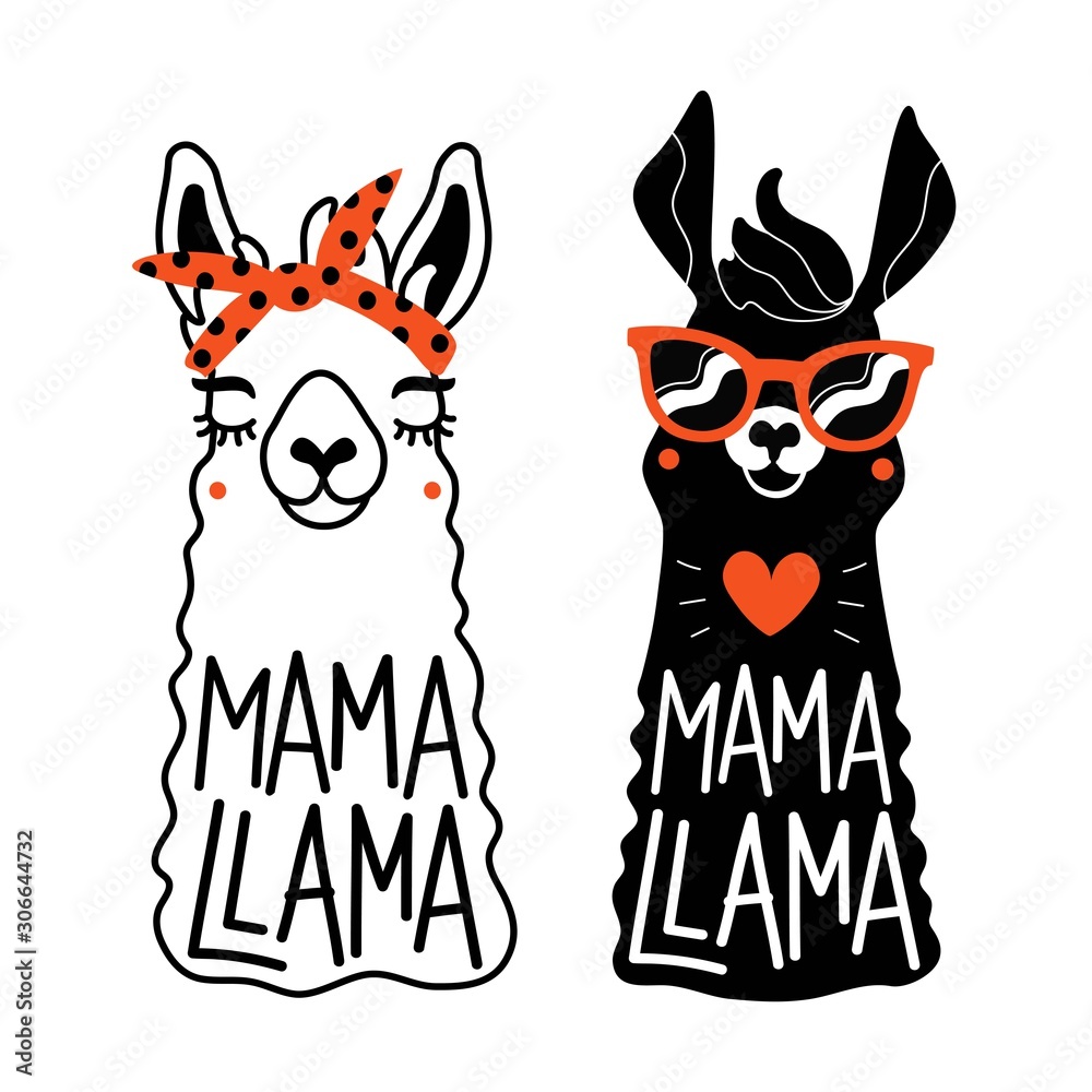Vector illustration set with llama animal and lettering phrase Mama ...