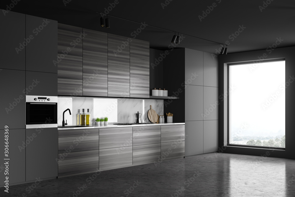 Loft gray kitchen with wooden countertops Stock Photo | Adobe Stock