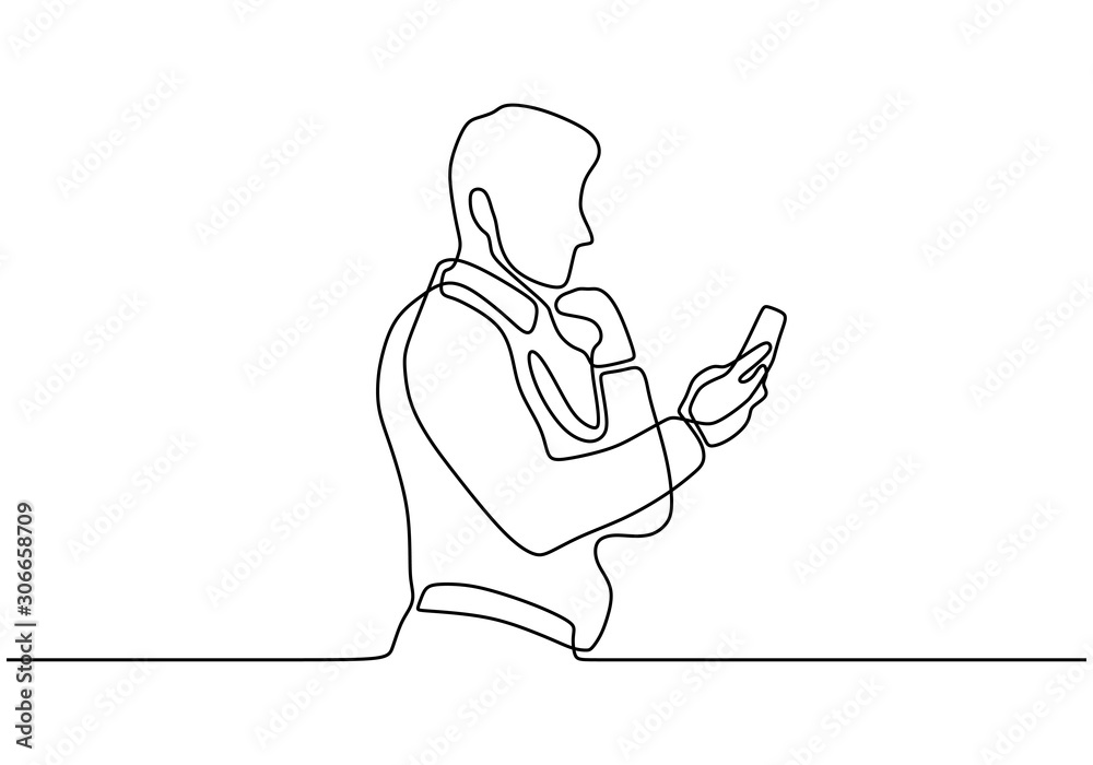 Continuous one line drawing of businessman talking and check the mobile ...