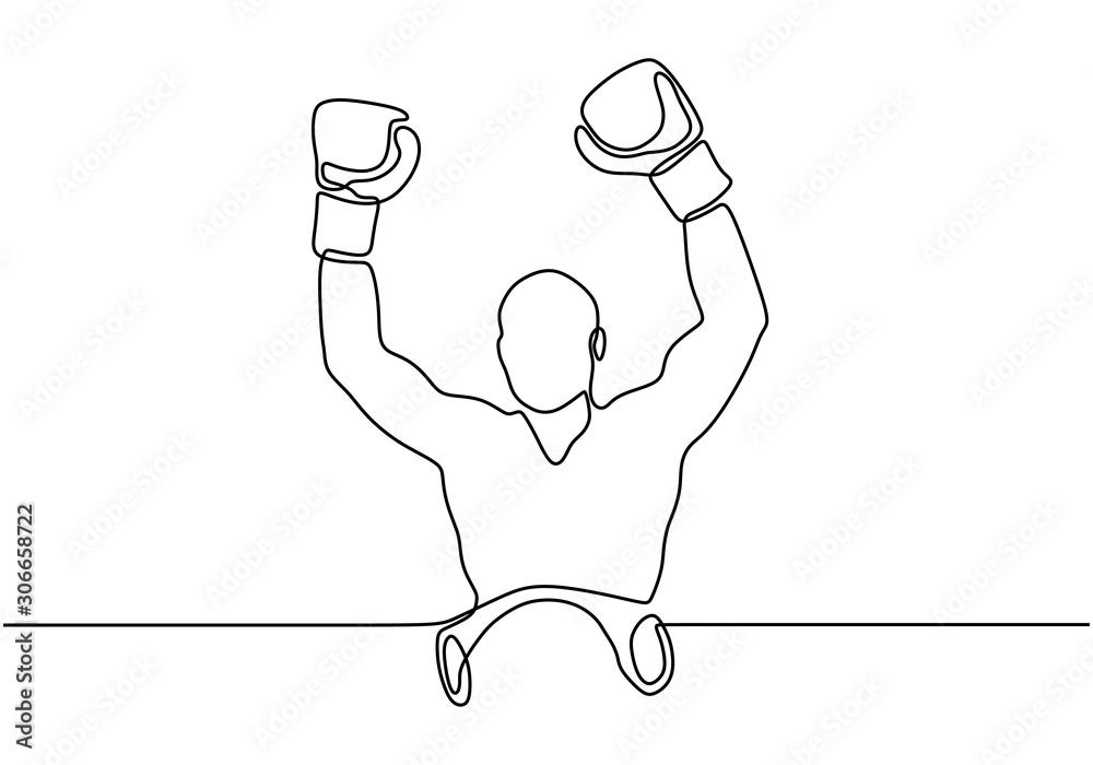 Continuous one line drawing of boxer raising his hands after winning a ...
