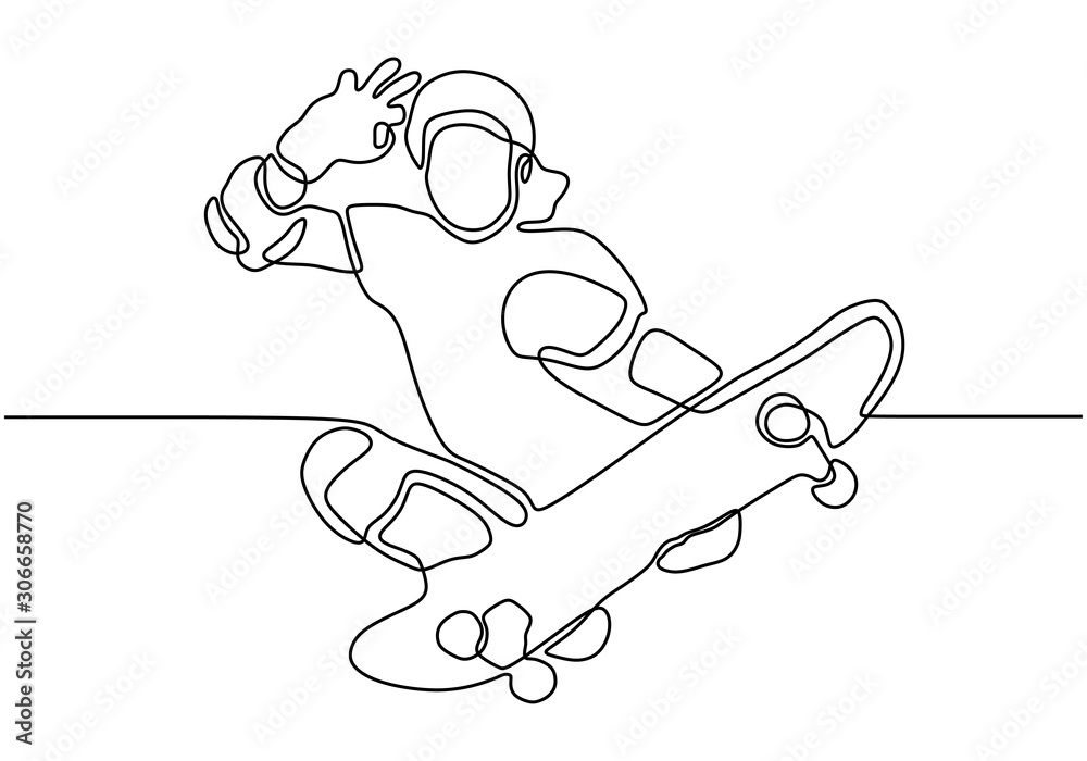 Continuous one line drawing of skateboard player. Sport vector ...