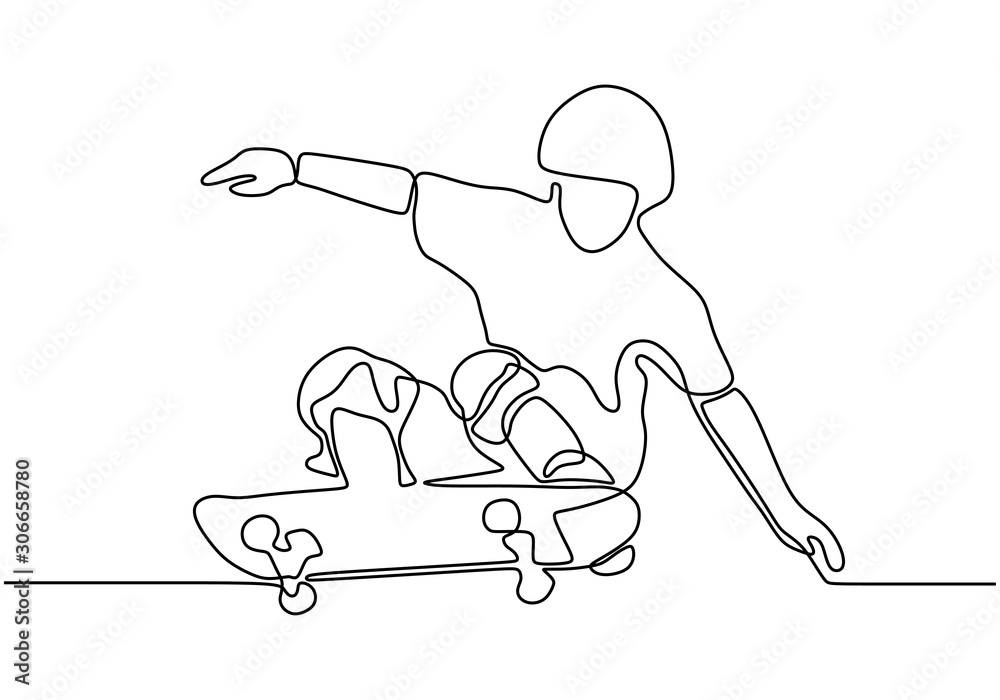 Continuous one line drawing of skateboard player. Sport vector ...