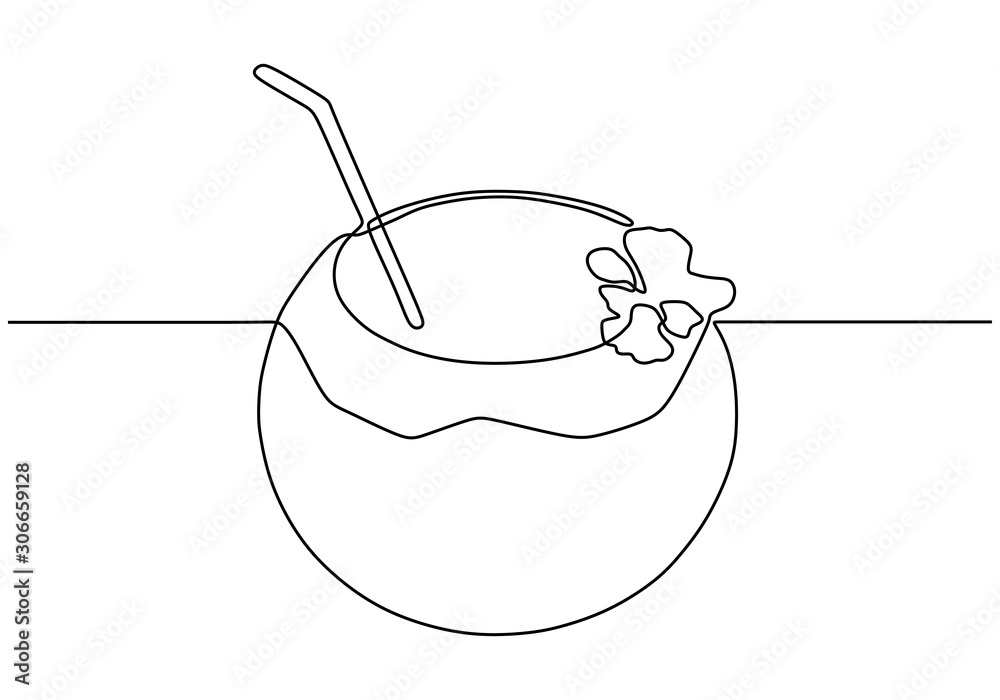 Continuous one line drawing of Beach cocktail linear coconut drink ...