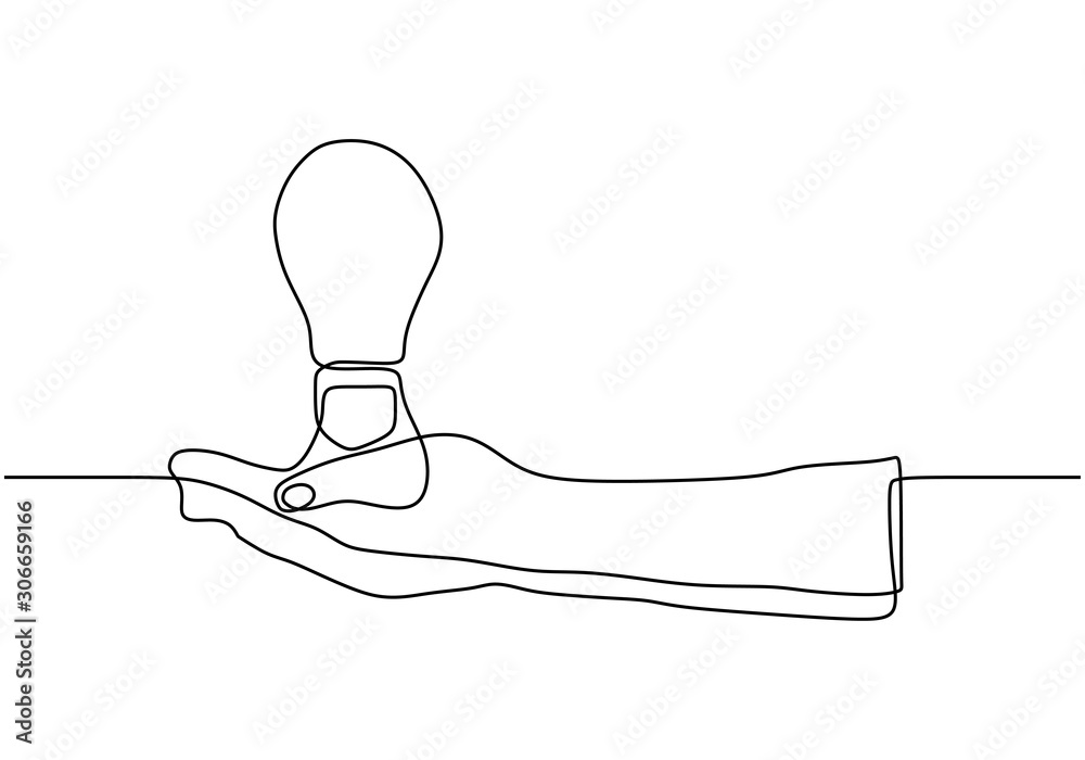 Continuous one line drawing of hand with light bulb lamp symbol of idea ...