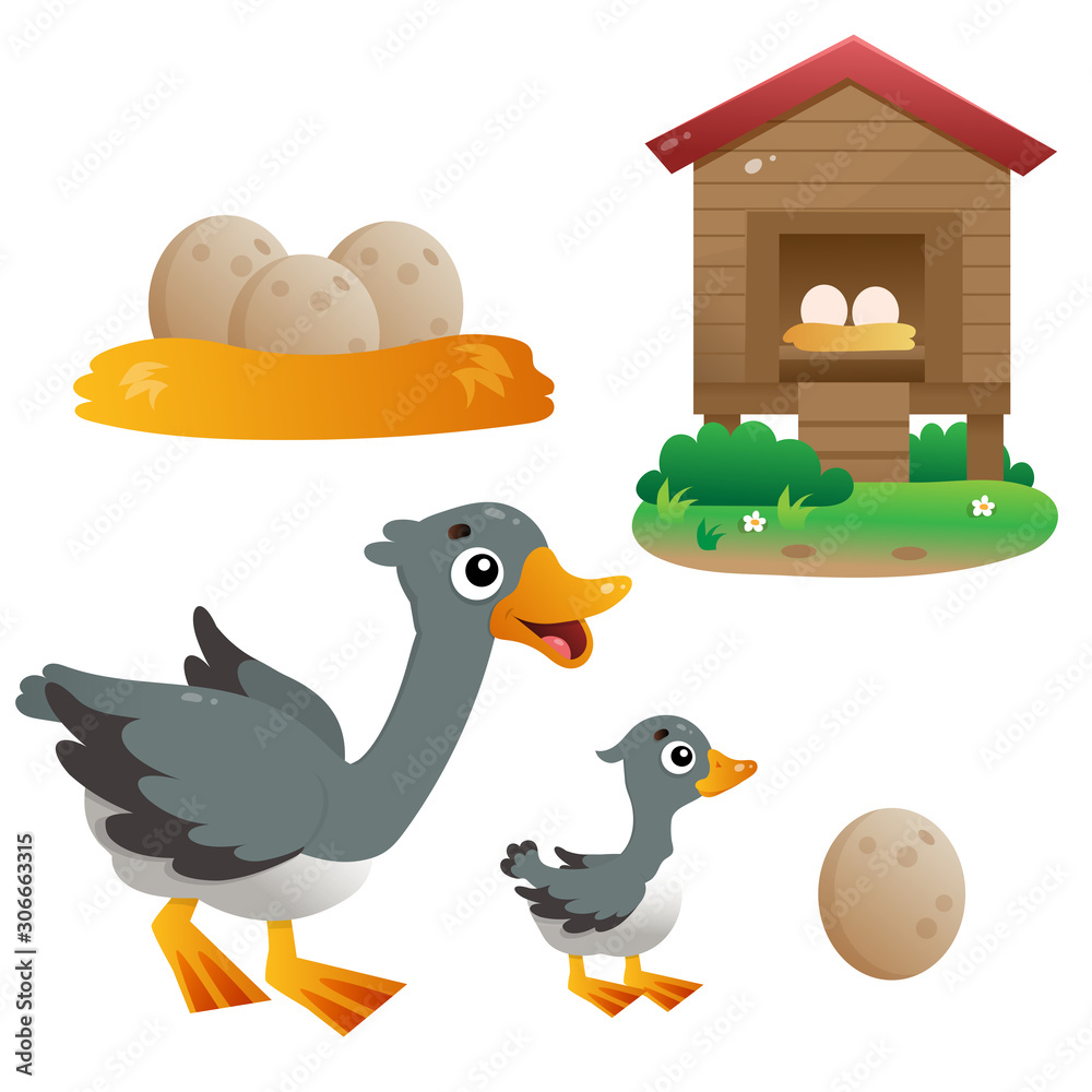 Color images of cartoon goose with gosling on white background. Farm ...