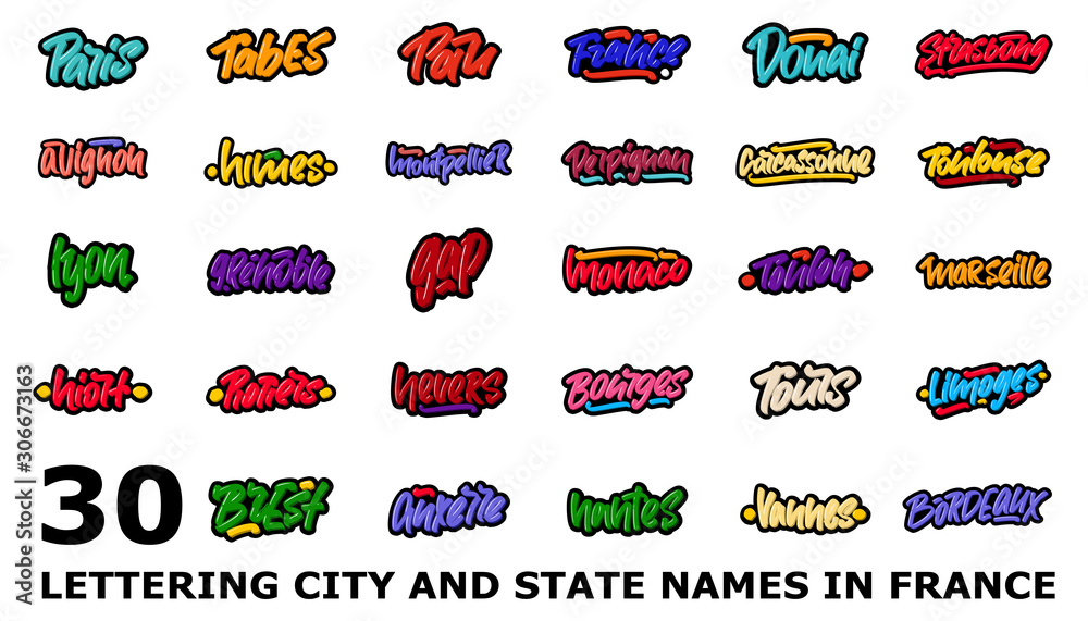 Vector collection of 30 lettering city and state names of France. Hand ...