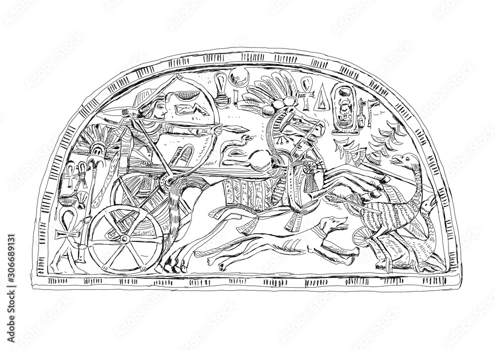Sketch of the relief Pharaoh Tutankhamun hunting engraved at fan holder ...
