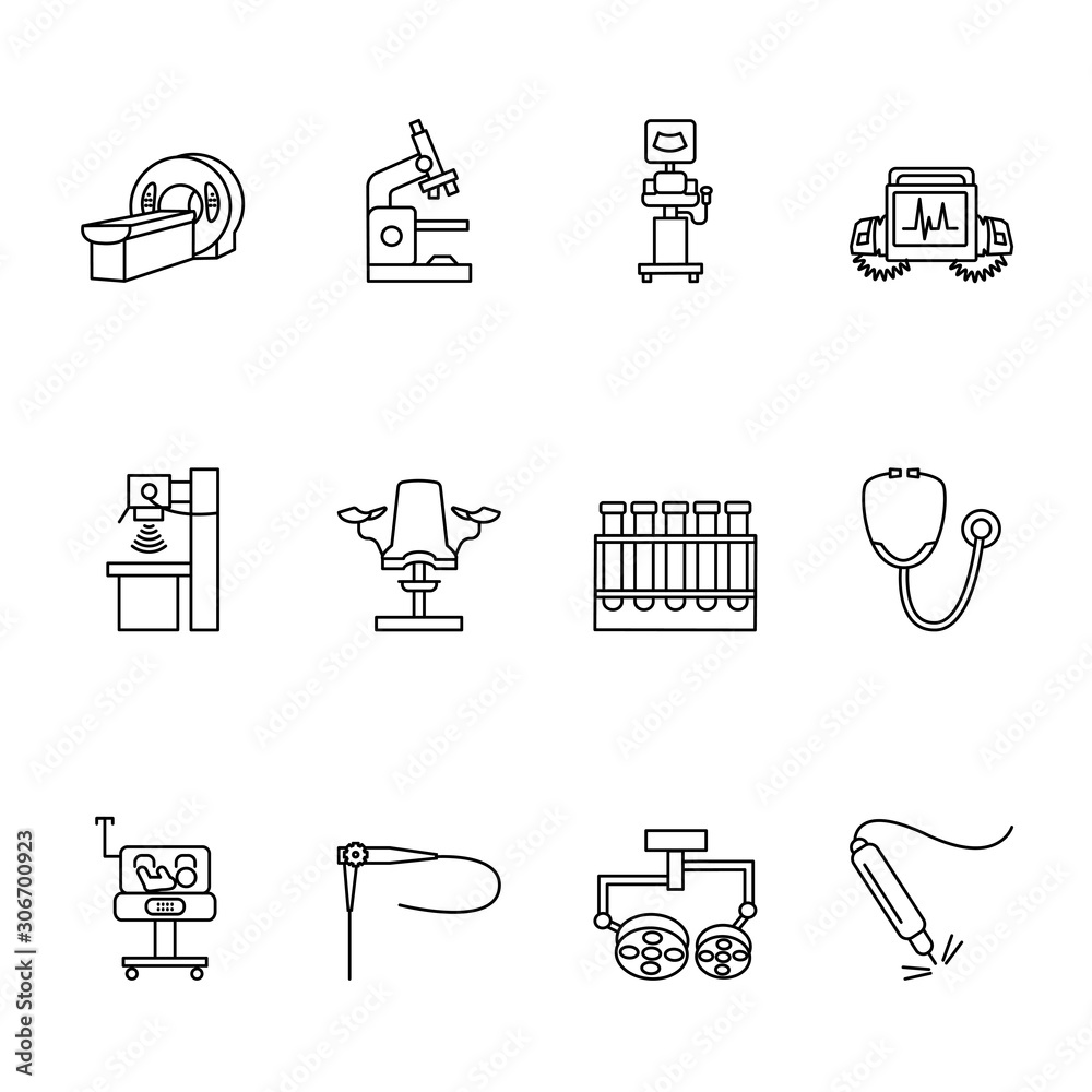 Medical equipmet line icon set. Vector illustration examination, MRI, X ...