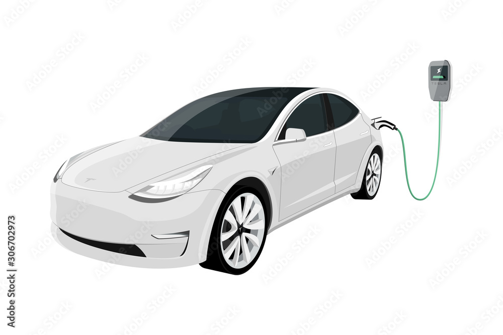 White electric car Tesla Model 3 with a charging station. Vector ...