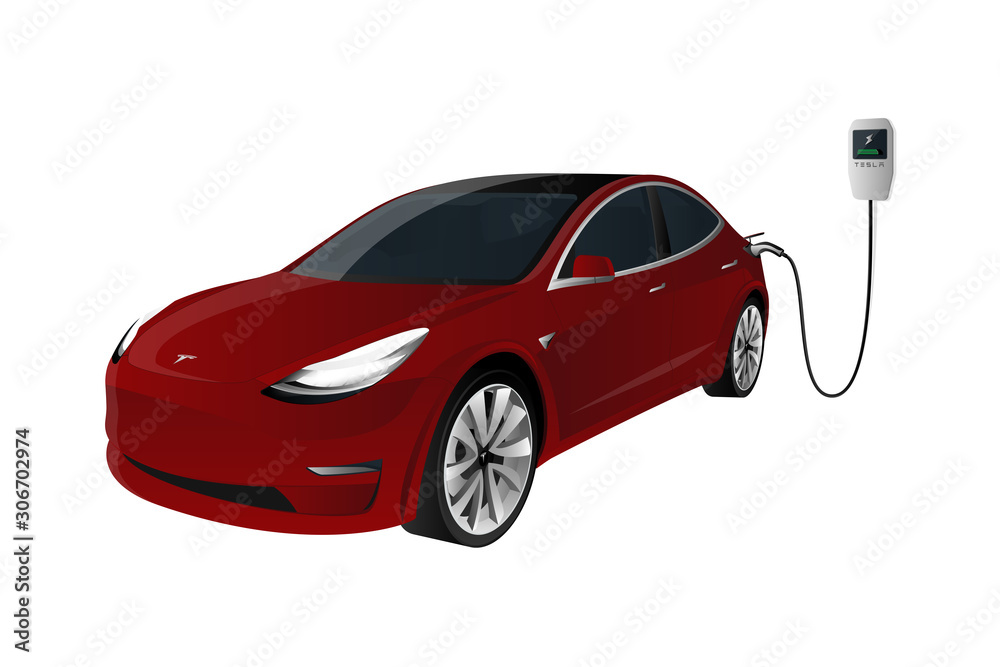 Red electric car Tesla Model 3 with a charging station. Vector ...
