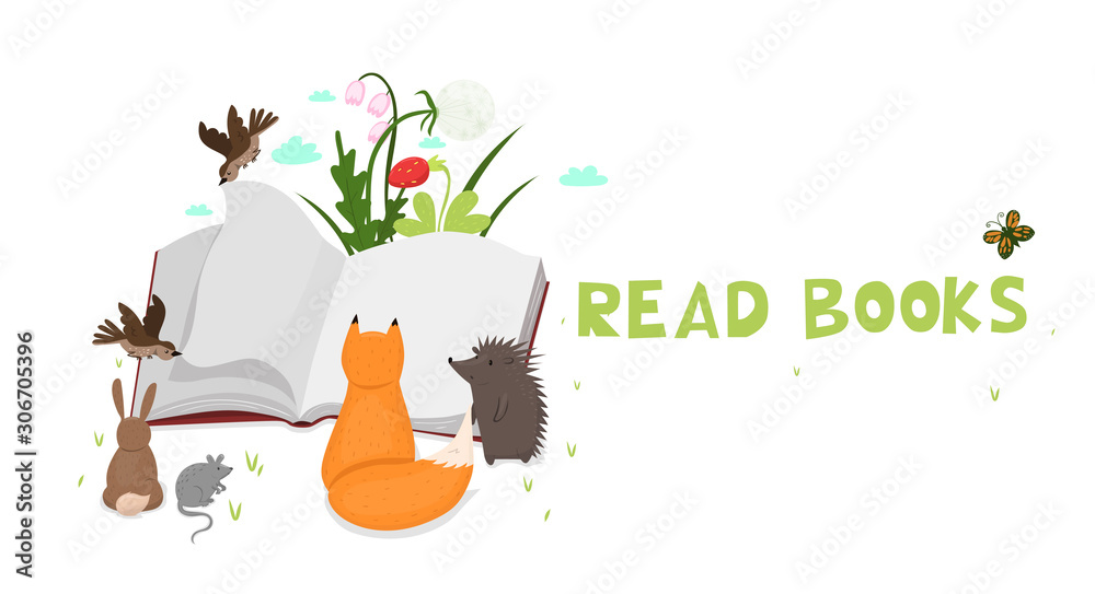 Horizontal banner with animals reading a book isolated on white ...