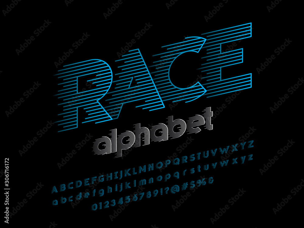 Speed style alphabet design with uppercase, lowercase, numbers and ...