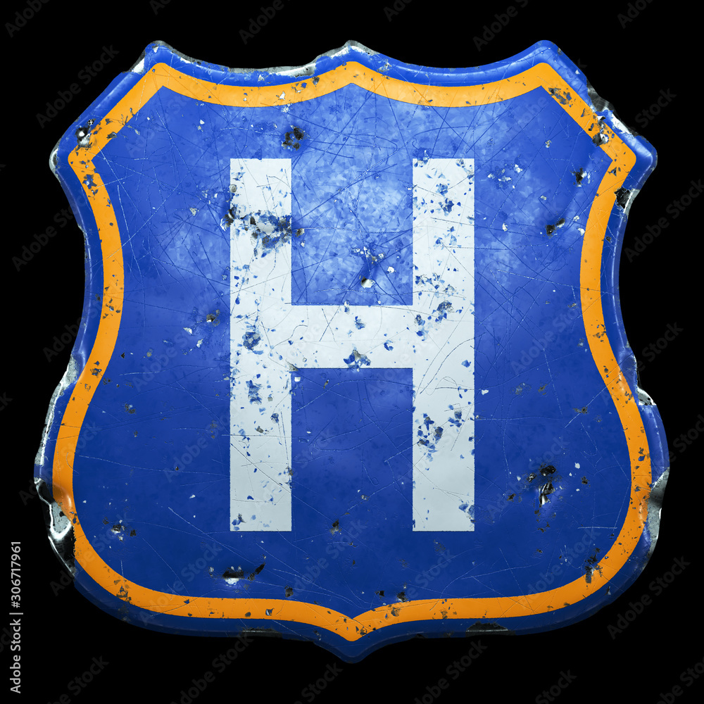Public road sign in blue and orange color with a capitol white letter H ...