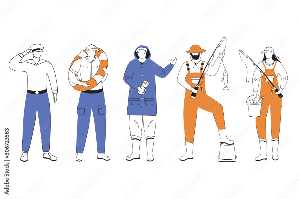 Maritime professions flat vector illustration. Sailor and lighthouse ...