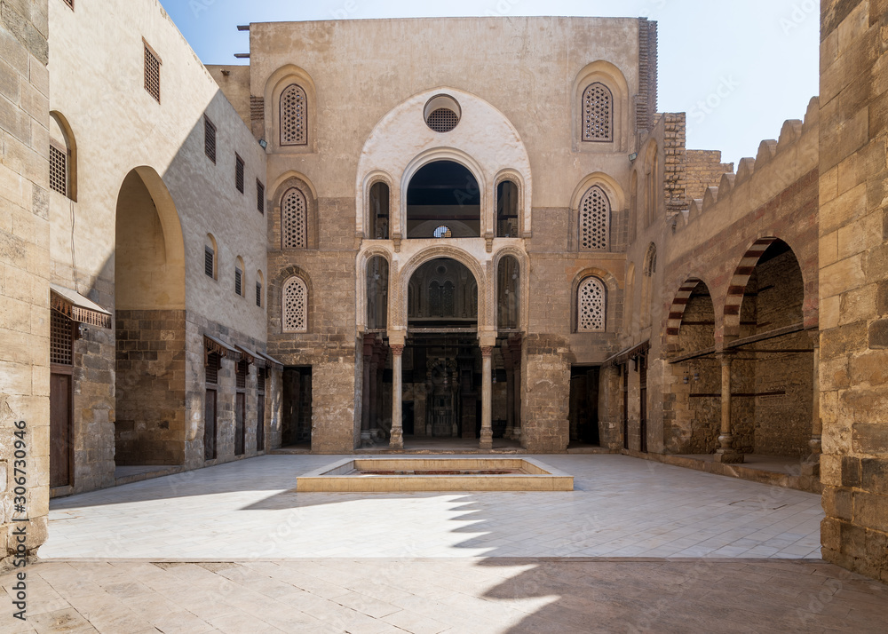 Main Iwan at courtyard of public historic mosque of Sultan Qalawun with ...