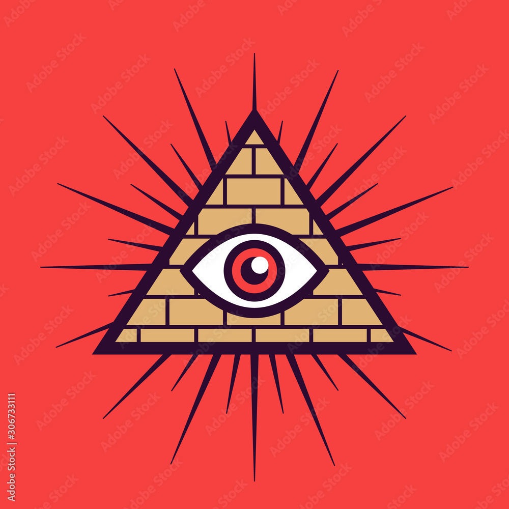 Masonic sign on a red background. pyramid with an eye. flat vector ...